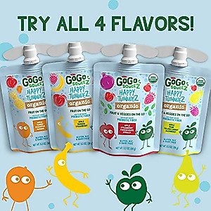 GoGo squeeZ happy tummieZ Organic Apple Banana Strawberry, 3.2 oz. (4 Pouches) - Kids Snacks with Prebiotic Fiber - Gluten Free Snacks for Kids - Nut & Dairy Free - Vegan Snacks