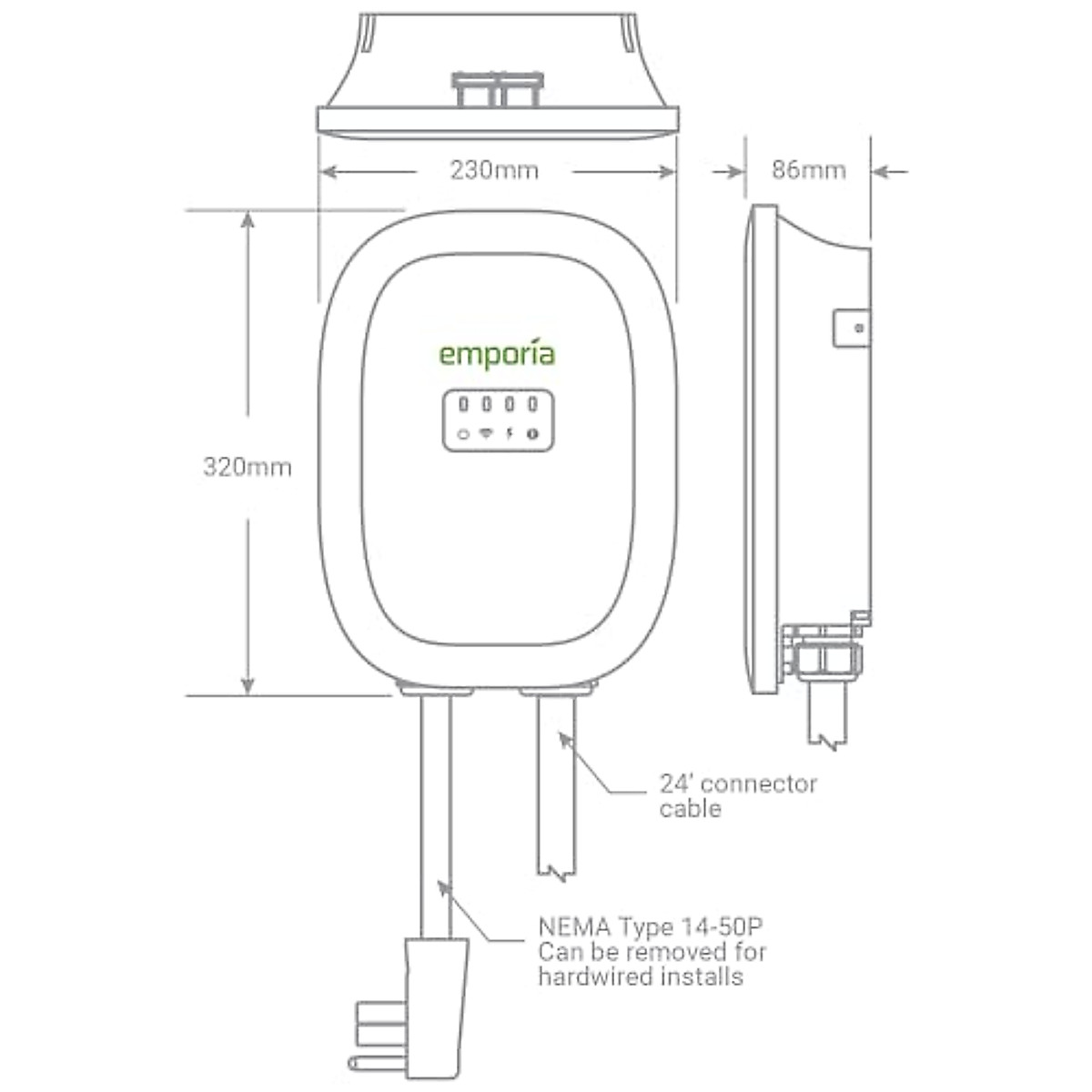 EMPORIA EV Charger Level 2, 48 amp Indoor/Outdoor Electric Car Charger, NEMA 14-50 EV Charger Plug or Hardwired, UL/Energy Star WiFi Enabled EVSE Level 2 Charger, 24ft Cable - 240v Level 2 EV Charger