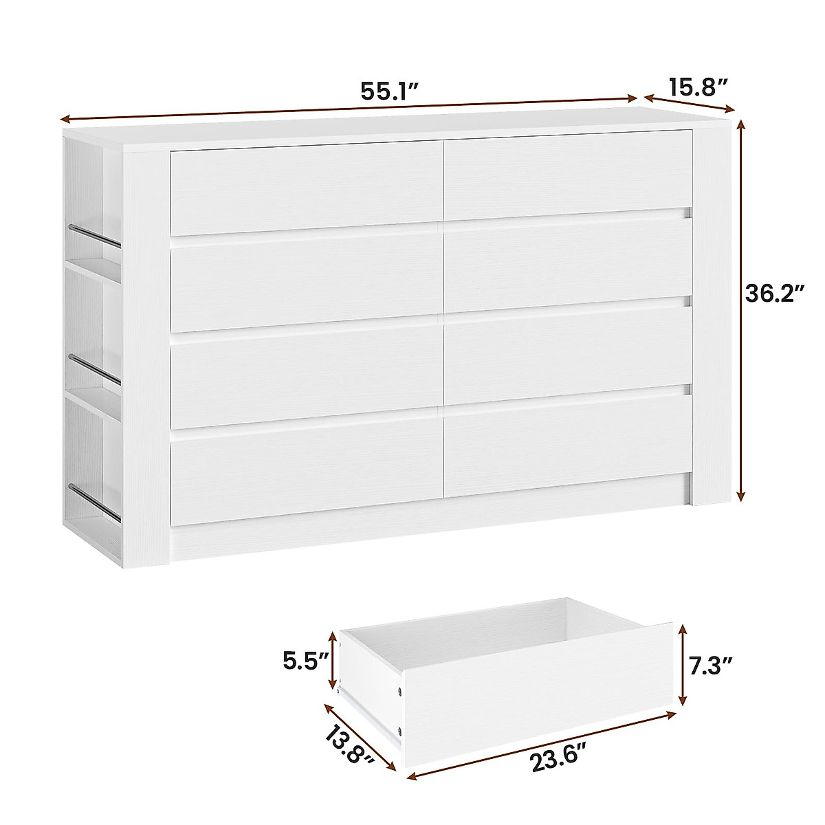 BTHFST White Dresser 8 Drawer Dresser, 55.1" White Chest of Drawers Dresser with Large Storage, Wood Dresser with 8 Drawers, Long Dressers & Chests of Drawers for Home Office, White
