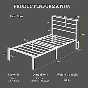 CollaredEagle Twin Size Bed Frame with Headboard, Metal Platform Bed Frame with Charging Station, Heavy Duty Platform Bed Frame with LED, Easy Assembly, White