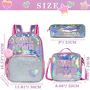 HTgroce Pink Girls Backpack with Lunch Box PWR Preschool Backpack School Bag with Lunch Box Sequin Girls Backpack Set for Elementary Preschool Bookbag Pink