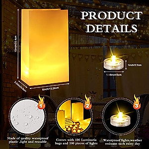 Supervitae 200 Pieces Plastic Luminaria Bags Set Including 100 and LED Waterproof Candle for Christmas Decorations, Hanukkah Lights, Easter, Wedding White