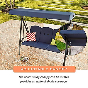 LOKATSE HOME 3-Seats Patio Swing with Adjustable Canopy Weather Resistant Steel Frame Outdoor Porch Converting Deck Furniture, Blue