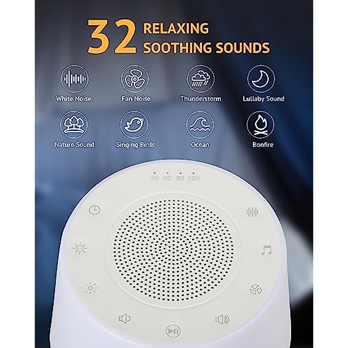 E EVEBYRA Baby White Noise Machine,32 Soothing Sounds with Night Light,Volume Control,4 Timer Portable and Rechargeable Sound Machine, Perfect for Infants,Toddlers, Kids, Adults, Home, Office, Travel