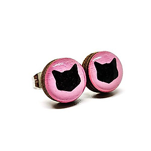 Stud Earrings, Light Pink Black Cat, 10 mm, Handmade, Stainless Steel Posts for Sensitive Ears