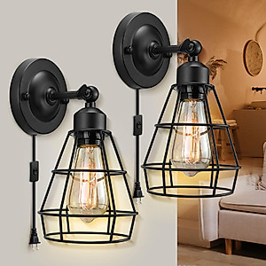 Uxtrodecor Plug in Wall Sconce, Wire Cage Wall lamp, Industrial Wall Light with Plug in Cord, Rustic Wall Mounted lamp, On/Off Switch Vintage Wall Light for Bedroom, Plug in Sconce Set of 2