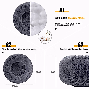 Kimpets Dog Bed Calming Dog Beds for Small Medium Large Dogs - Round Donut Washable Puppy Dog Bed, Anti-Slip Faux Fur Fluffy Donut Cuddle Anxiety Cat Pet Bed(20" Dark Grey)