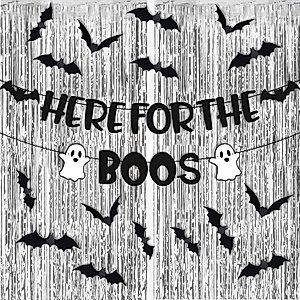 Here for The Boos Party Decorations Halloween Banner Bat Wall Decor Silver Foil Curtains Backdrop Haunted House Horror Theme for Boy Girl Kids Halloween Festival Holiday Black Glitter Party Supplies