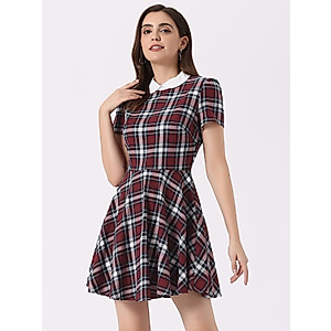 Allegra K Women Plaids Contrast Peter Pan Collar Puff Sleeves Above Knee Dress Medium Red White