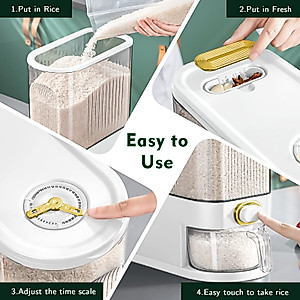 Lenwi 22 Lbs Rice Dispenser, Large Dry Food Storage Container with with Measuring Cup & Time Scale, Food Dispenser Kitchen Organization and Pantry Store for Cereal Dry Food (White)