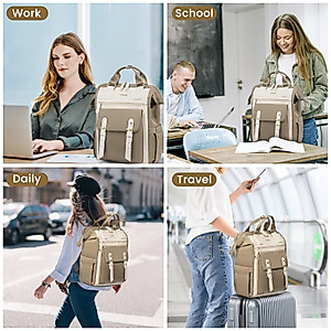 LOVEVOOK Laptop Backpack For Women, Travel Backpack Purse for Women, Nurse Work Bags Teacher Business Laptop Bag, College Backpack, Waterproof Wide Open Computer Back pack, 15.6 Inch, Khaki-Beige