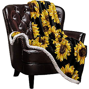 Sunflower Sherpa Fleece Blanket, Super Thick and Warm Cozy Luxury Blanket 40"x50", Vintage Floral Yellow Sunflower Black Background Bed Blanket, Fluffy Plush Microfiber Throw Blanket for Couch