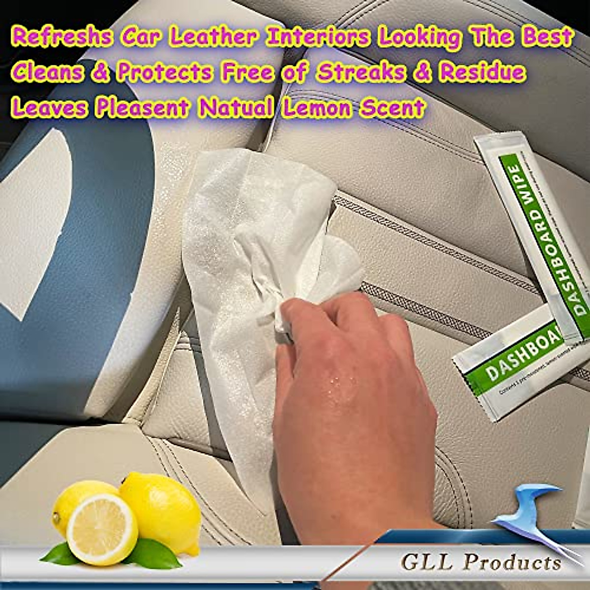 GLL Dash Wipes for Car Interior, 50-Pack Wet Cleaning Wipes for Car Interior Surfaces, Steering Wheel, Dashboard Console and Handle. Lemon Scented Pre-Moisturized Auto Cleaning Cloths