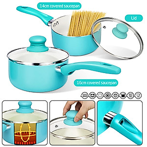 Masthome 16 Piece Ceramic Nonstick Cookware Set,Soft Grip Healthy Pots and Pans Set with Lids and Utensils for Kitchen,PFAS-Free, Dishwasher Safe-Tiffany Blue Extra Spoons and Silicone Spatula Set