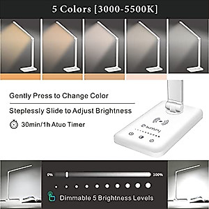LED Desk Lamp, Wireless Charging Lamp Office Desk Lights with Wireless Charger & USB Charging Port, Table Lamps with Dimmable 25 Lighting Modes, Smart Timer for Home Office Dorm Room (Silver White)
