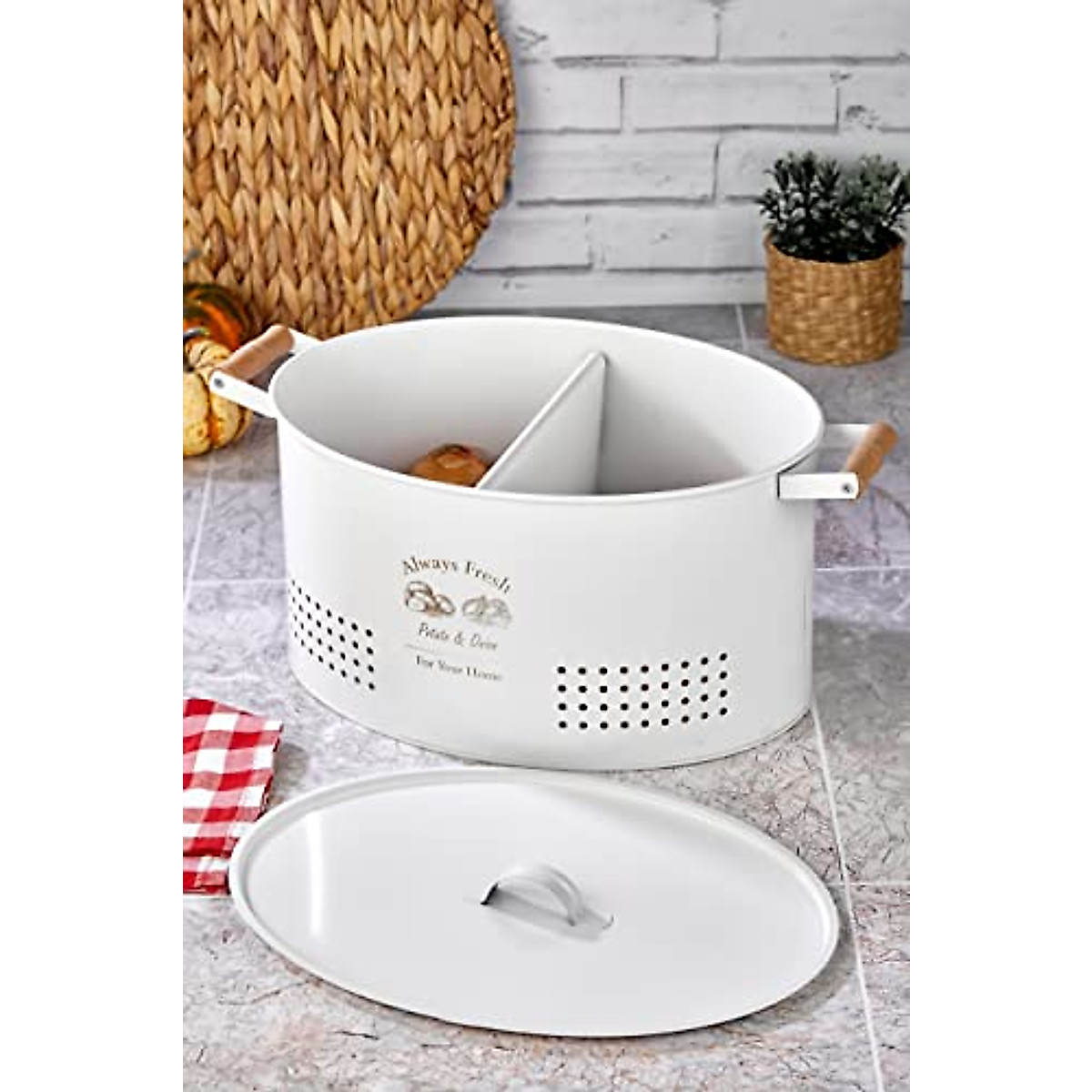 Potato Onion Metal Bin, Storage, Container - 2 Compartment Breathable Storage Container with Metal Lid (White 2)