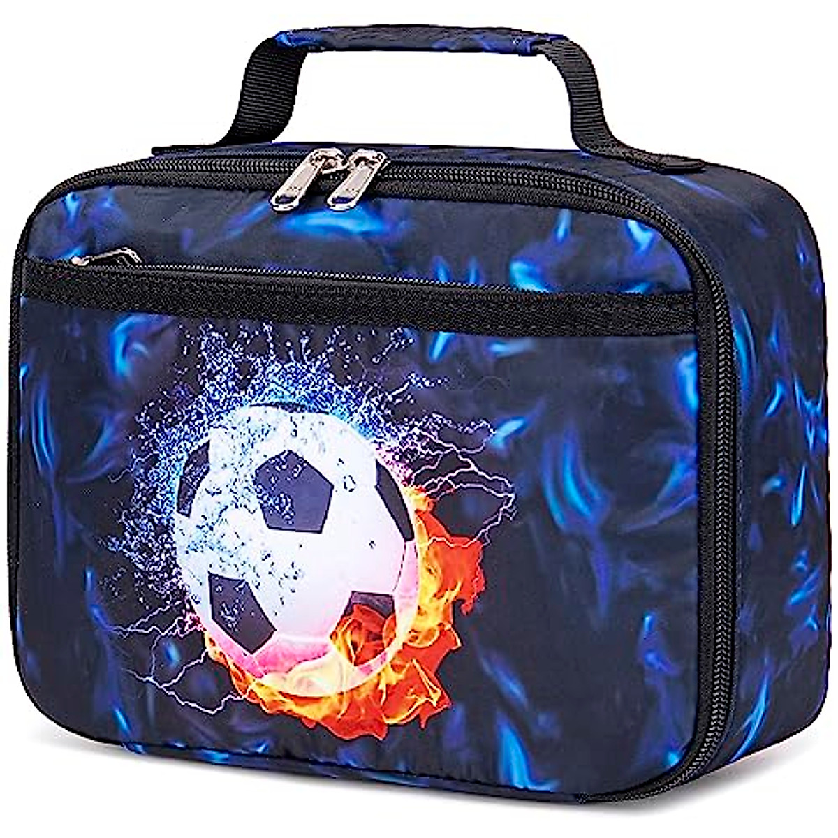 LEDAOU Lunch Bag Kids Insulated Lunch Box Boys Girls Insulated Reusable Lunch Bag for School Picnic Hiking Work (Soccer Black Blue)