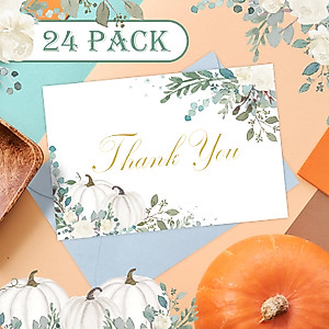 Quera 24 Pack Pumpkin Thank You Cards Fall Greeting Cards Autumn Floral Blank Note Cards With Envelopes Stickers For Baby Shower Wedding Birthday Party- 4x6 Inch