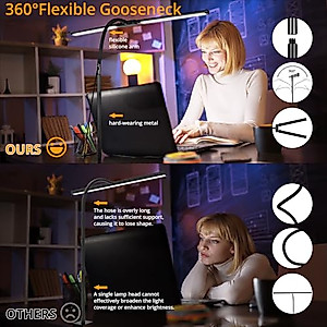 Woputne Desk Lamp Clamp Light, Dual Head, Long Clip Light, 3 Modes x 10 Brightness, 10W 860lumen, Office Clamp Task Table Lamp, Black