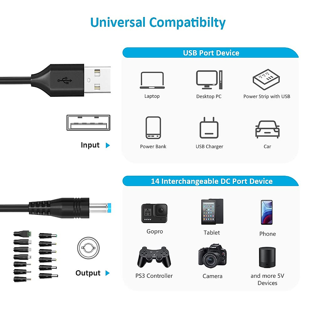 Basicvolt Universal Power Cable USB-A Cable with 14 Interchangeable Connectors 5V USB Charging Cable Compatible with PS3 PS4 Controller Digital Camera Smart Phone Go Pro Pad Speaker Xbox