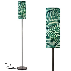 Modern Standing Lamps Watercolor tropical palm leaves Minimalist Floor Lamp Metal Pole Lamp with Linen Lampshade for Bedroom Living Room Office Nursery Reading Beach House Decor Foot Switch