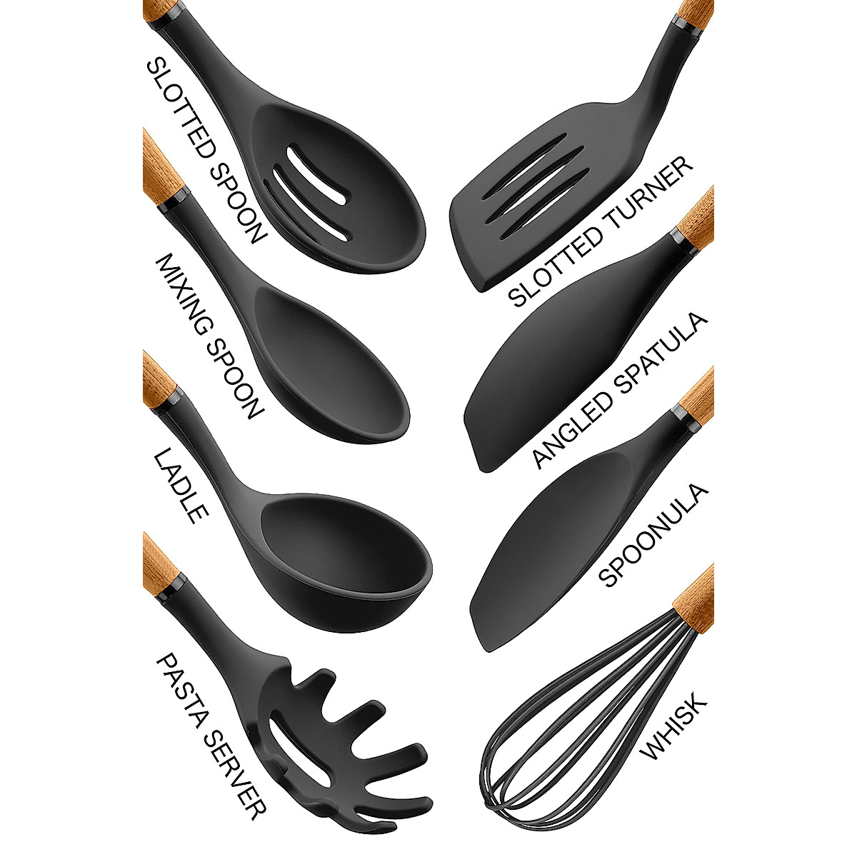 Country Kitchen Silicone Cooking Utensils, 8 Pc Kitchen Utensil Set, Easy to Clean Wooden Kitchen Utensils, Cooking Utensils for Nonstick Cookware, Kitchen Gadgets and Spatula Set - Black