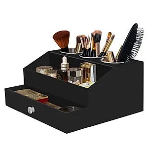 Happy start Acrylic Hair Tool Organizer - Blow Dryer Holder, Hair Styling Tools & Accessories Organizer Vanity Caddy Storage Stand with Heat Resistant Stainless Steel Cups (Drawer, Black)