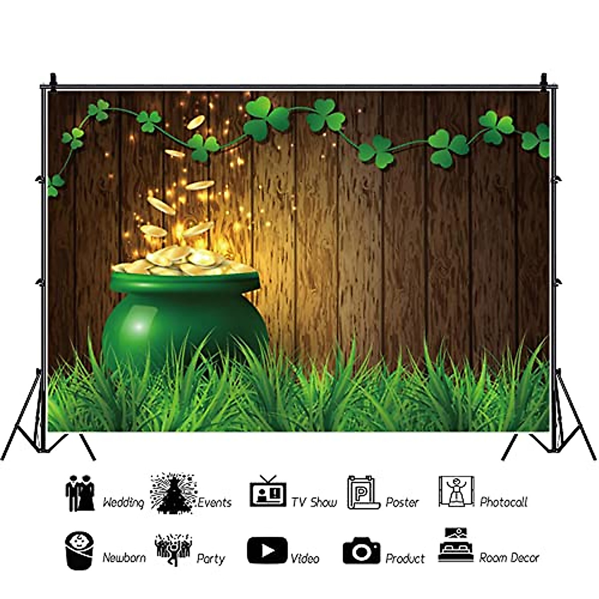 Baocicco 10x8ft Vinyl St.Patrick's Day Backdrop Pot of Gold Photography Background Lucky Irish Shamrock Wooden Texture Wall Grass Field Children Baby Adults Portraits Photo Studio