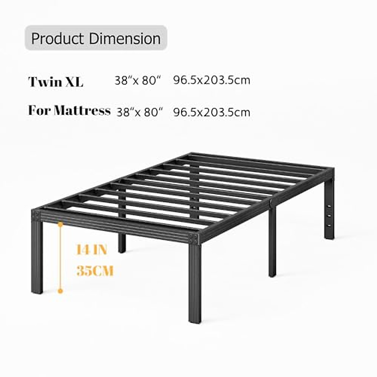 ZIYOO Twin XL Bed Frames with Heavy Duty Steel Slat, 14 Inches Platform Bed Frame, Non-Slip Design, No Box Spring Needed, Easy Assembly, Quiet Noise Free, Under Bed Storage Space, Black