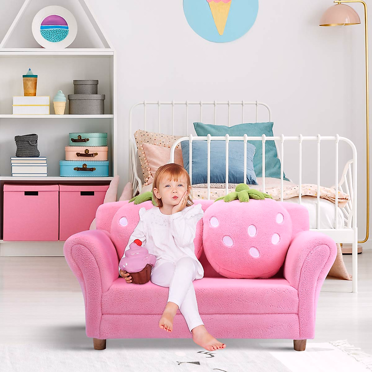 Costzon Kids Couch, Double Seat Pink Children's Sofa with 2 Strawberry Pillows, Toddler Armrest Chair for Bedroom, Living Room, Large Soft for Kids Loveseat Toy for Baby Girls Preschool Gifts Presents
