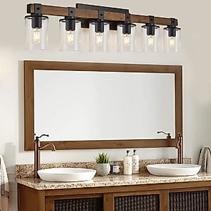 DUJAHMLAND 6-Light Wood Vanity Light,40.5 inch Farmhouse Bathroom Metal Wall Sconce with Cylinder Clear Glass Shade,Industrial Wall Light Fixtures for Hallway,Kitchen,Bedroom(Wood, 6-Light)