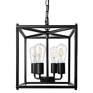Unicozin 4-Light Black Farmhouse Chandelier, Iron Lantern Pendant Light Rustic Cage Adjustable Height, E26 Base Industrial Hanging Lights for Kitchen Island Dining Room Hallway Foyer Entryway