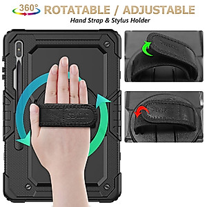 SEYMAC stock Case for Samsung Galaxy Tab S7 FE / S8 Plus 5G Case 12.4'' with Screen Protector Pencil Holder [360 Rotating Hand Strap] &Stand, Drop-Proof, Black