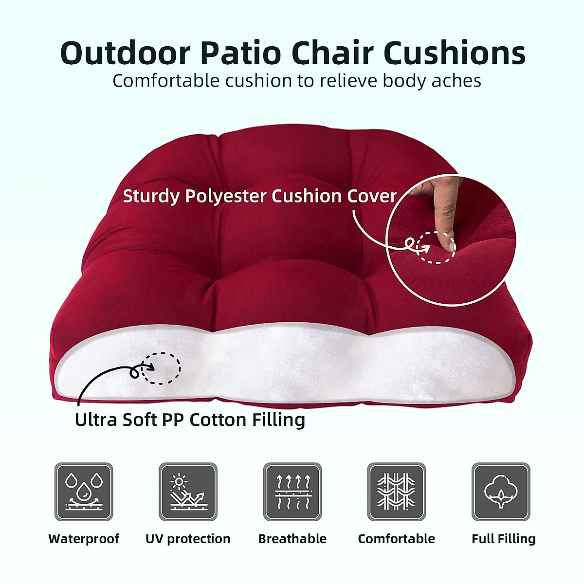 Wadser 2 Pack Seat Cushions Black, Waterproof Wicker Chair Cushions, U-Shape Tufted Chair Pads 19x19 inches for Patio Garden Chairs