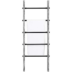 MyGift 5-ft Rustic Gray Washed Solid Wood Wall Leaning Blanket Ladder with 5 Metal Pipe Rungs, Bathroom Towel Ladder Rack