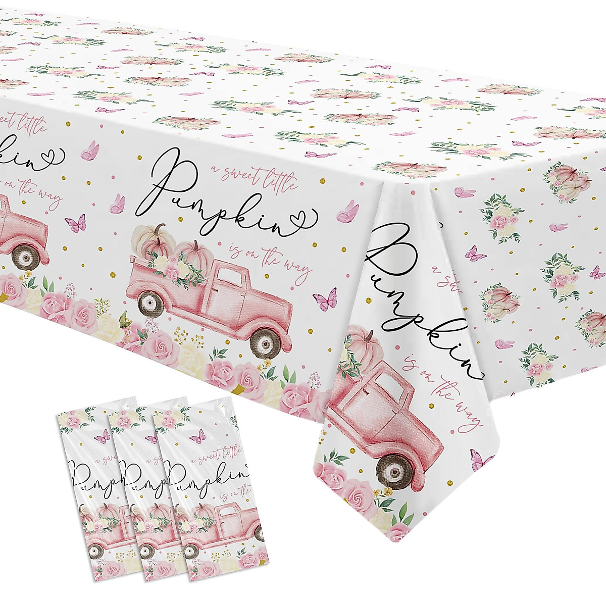 Srua Don Pumpkin Baby Shower Decorations Tablecloth Girl, Pink Little Pumpkin Baby Shower Party Supplies Table Cover, Thanksgiving Fall Pumpkin Baby Girl Decorations Table Cloth, 3 Pack (54in x 108in)