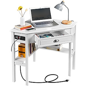 Yaheetech L Shaped Corner Computer Desk with Power Outlets, Reversible Triangle Workstation with USB Ports and Hook for Small Space, Modern Home Office Desk Gaming Table with Drawer & Shelf, White