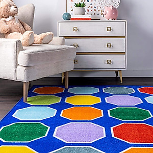 nuLOOM Kecia Octagons Printed Kids Area Rug, 3' 3" x 5', Blue