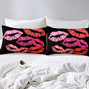 Feelyou Sexy Kiss Bedding Set Feminine Red Lips Duvet Cover Set for Girls Women Lipstick Print Comforter Cover Sexy Lip Print Stylish Lady Quilt Cover Bedroom Collection 3Pcs Queen Size