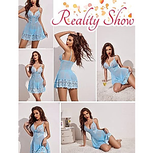 Avidlove Lingerie for Women Babydoll Lingerie Lace Chemise Sexy Sleepwear Mesh Nightgown(Light Blue,Small)