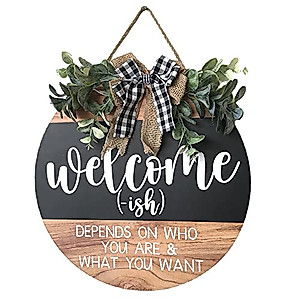 Welcome Sign Front for Door Decoration, 12 in Round Wood Wreaths Wall Hanging Outdoor, Farmhouse, Porch, for Spring Summer Fall All Seasons Holiday Christmas