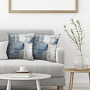 Navy Blue Grey Throw Pillow Covers, Gray White Modern Abstract Art Painting Throw Pillows for Couch, Blue Pillow Covers 18x18 Inch 2 Pcs Square Cushion Cover Gift for Couch Sofa