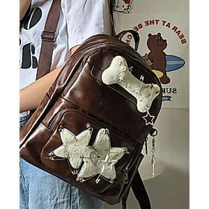 Hopecn Y2K Backpack With Accessories Star Aesthetic PU Goth Bookbag 90s Vintage Fashion Grunge Travel Daypack. (Star1-Brown1)