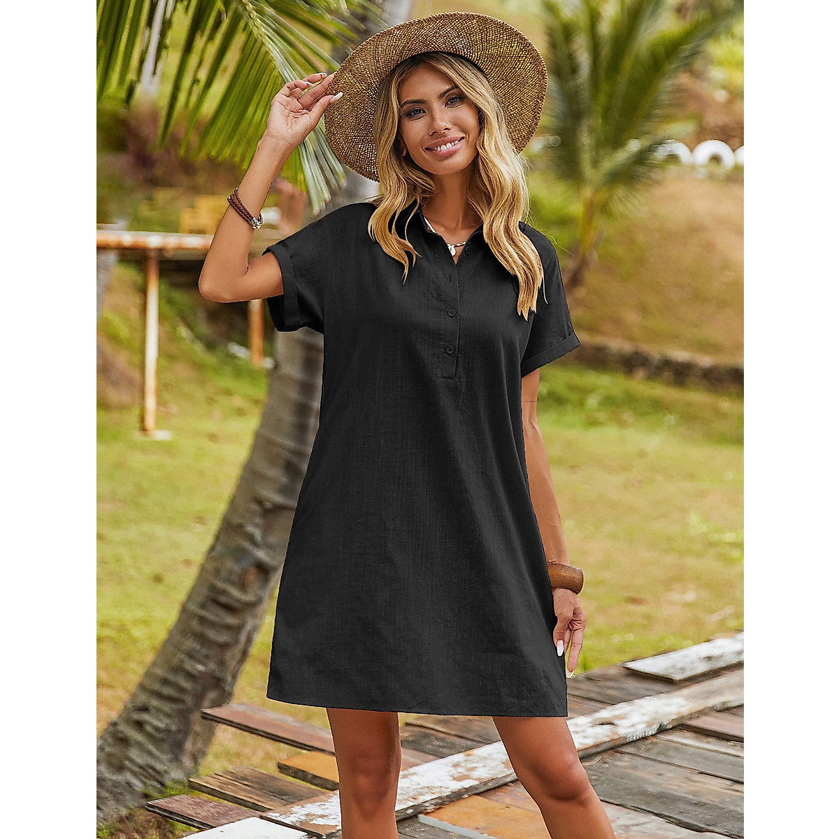 Zeagoo Womens Casual Summer Cotton Drsss Short Sleeve A-line Dress Button Down Beach Sundress with Pockets.Black,Medium