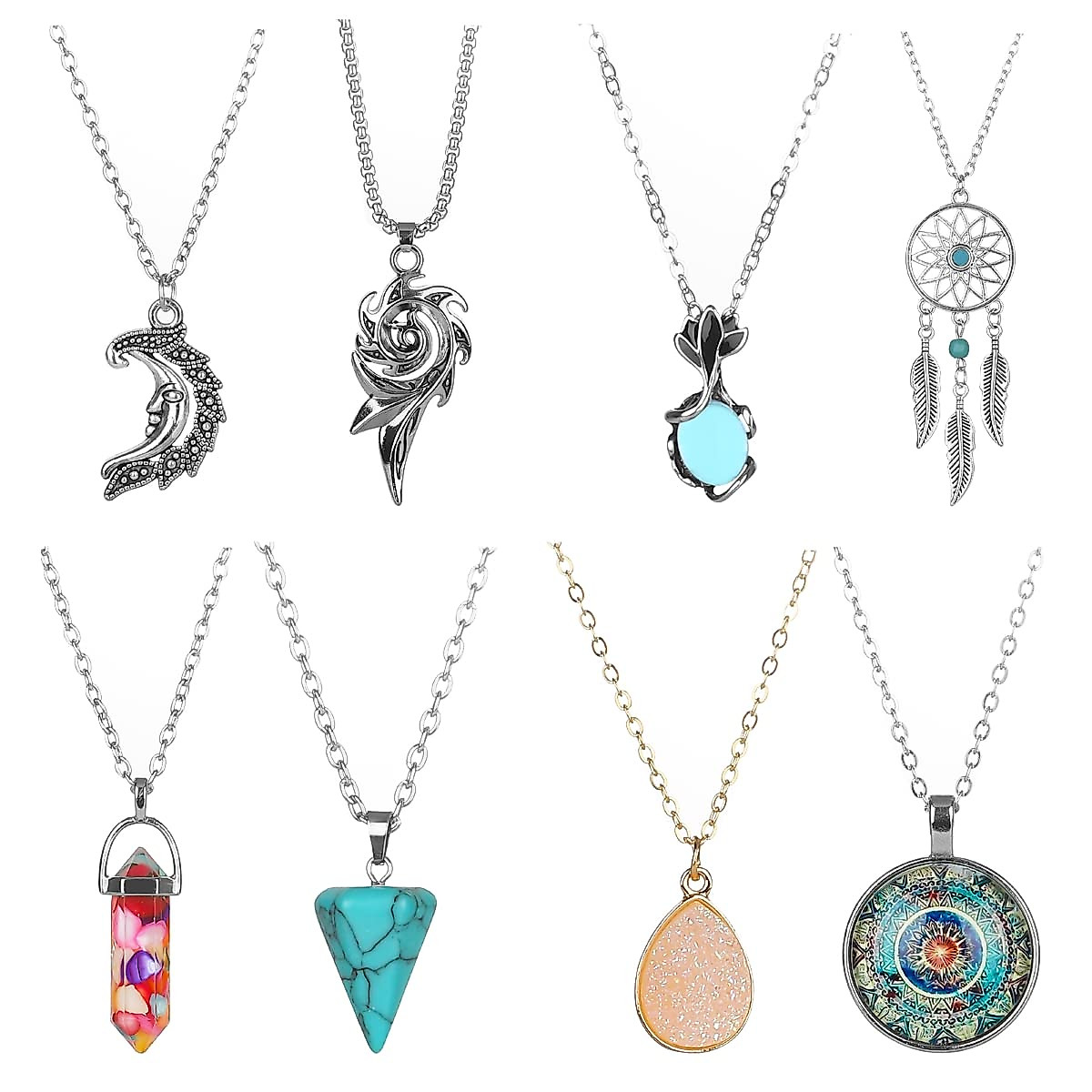 K&Q 15pcs Vintage Crystal Pendant Aesthetic Chakra Necklace Vintage Jewelry Carnelian Necklace Bohemian Retro Sunflower Necklace Sun and Moon Pendant for Girls and Women