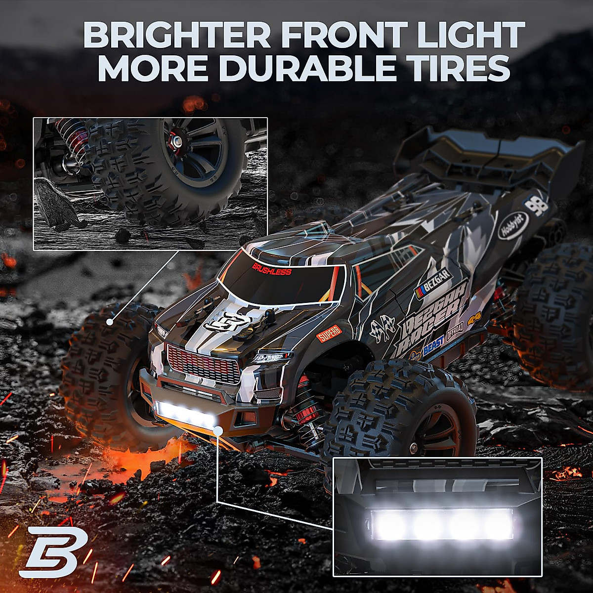 BEZGAR HP163S Fast RC Cars for Adults MAX 68KPH | 1/16 Scale Brushless RC Trucks 4x4 Offroad Waterproof | Hobby Grade High Speed Monster Truck | All Terrain Electric Remote Control Car for Boys