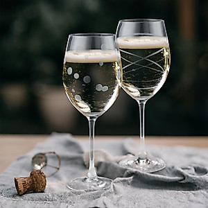 Joeyan Hand Blown Etched Red and White Wine Glasses,Stemmed Glasses with Stripes and Dots Pattern,Clear Carved Long Stem Glassware Set for Wine Tasting Birthday Anniversary Wedding,19 oz,Set of 4