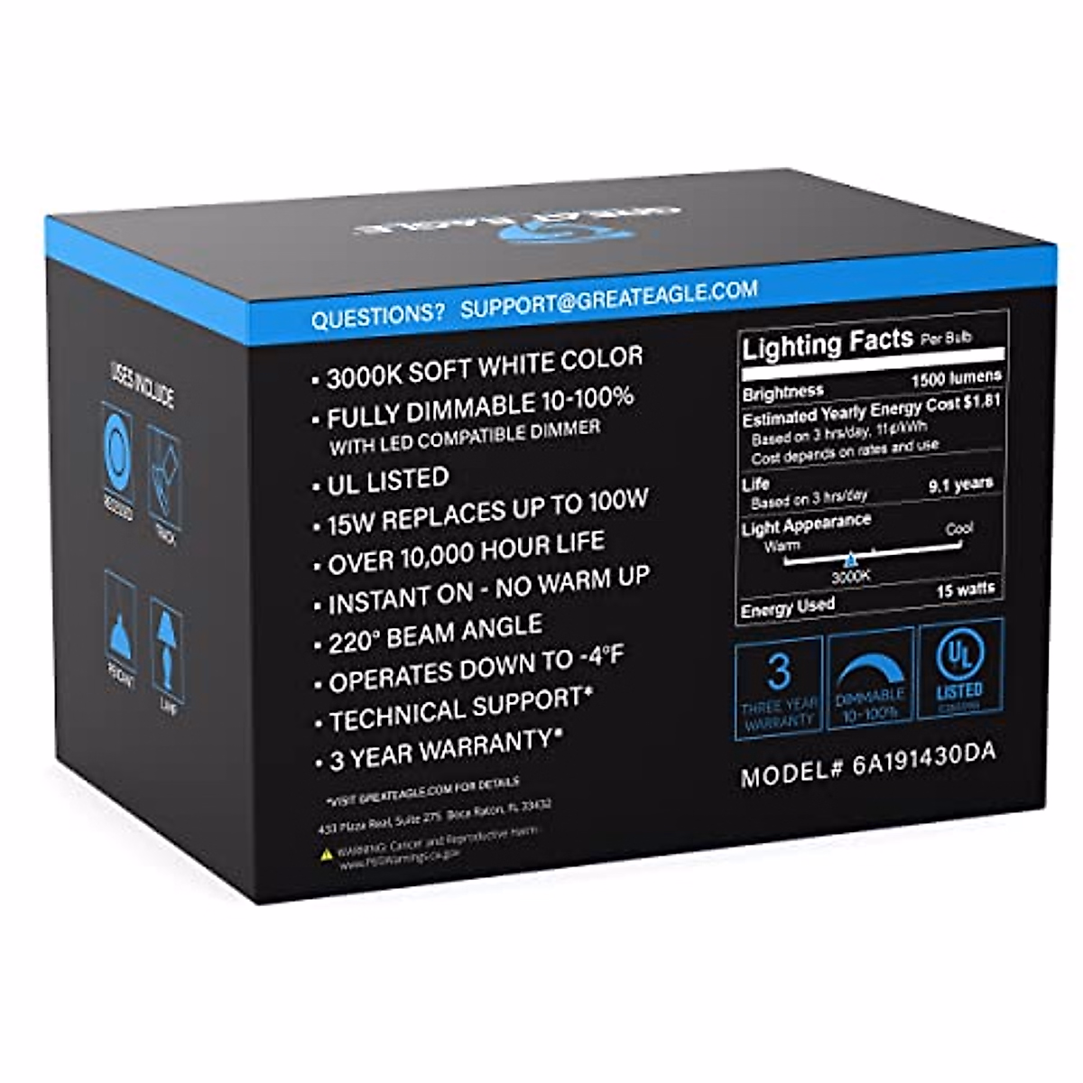 Great Eagle Lighting Corporation 100W LED Light Bulb Equivalent A19 Soft White 3000K Dimmable UL Listed (6 Pack)