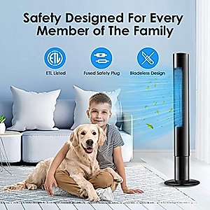 Bladeless Tower Fan - 43” 85°Oscillating Fan with Remote Control , LED Display, 3 Mode& 3 Speed 12 Hours Timer Quiet and Compact Vertical Fan, Safe for Kids and Pets, Home, Office use -5314 black