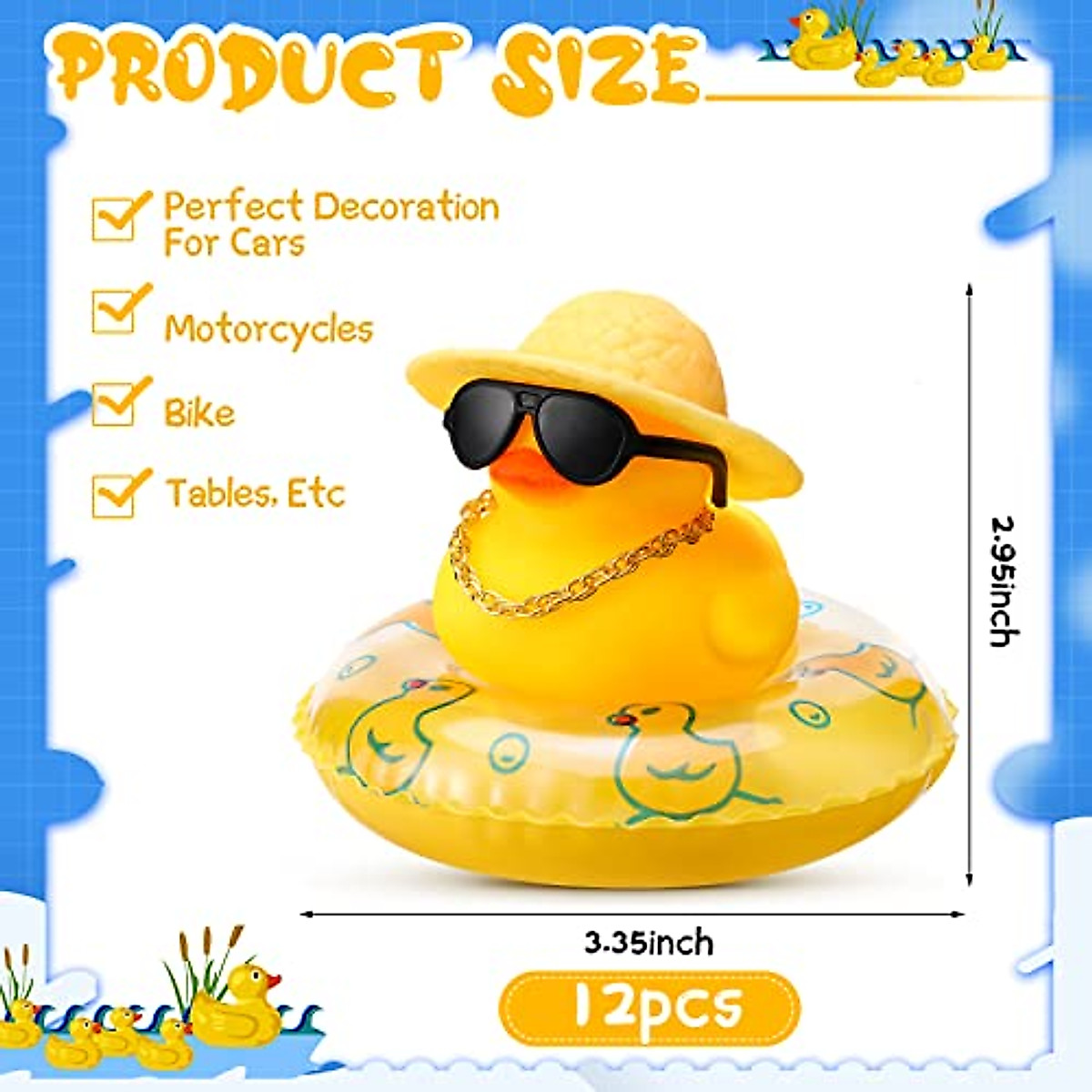Rubber Ducks for Dashboard, Self Adhesive Rubber Ducks Car Ornaments with Hat Necklace and Sunglasses, Funny and Cool (12, Cool Rubber Duck)